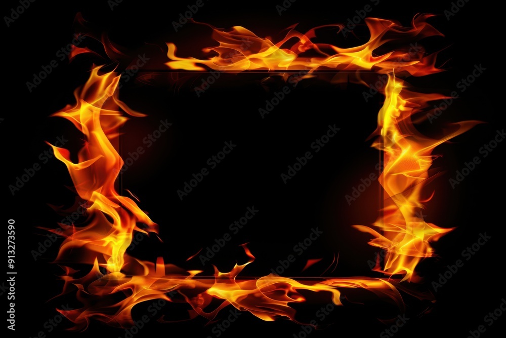Fiery rectangular frame with bright orange and yellow flames on a black ...
