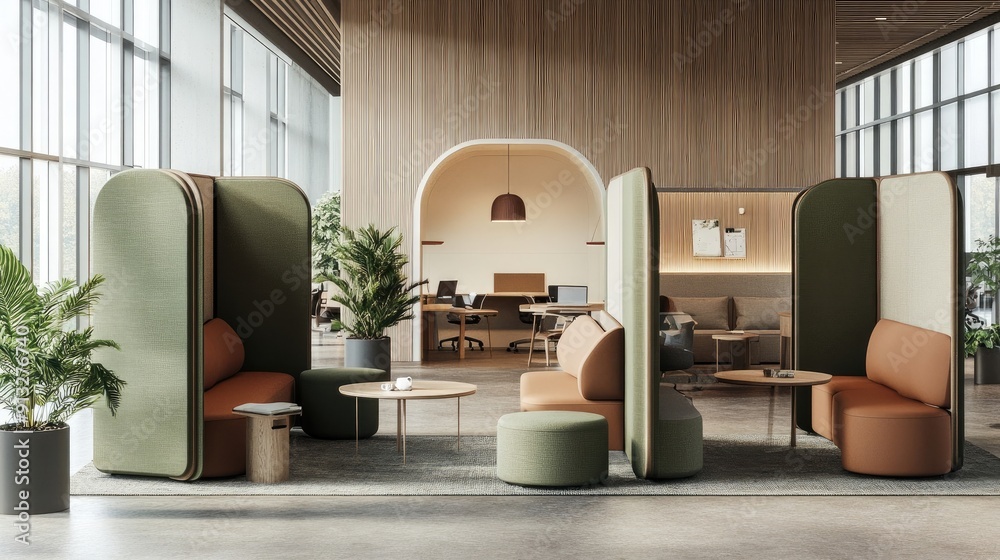 A flexible workspace with movable partitions, cozy breakout areas, and ...