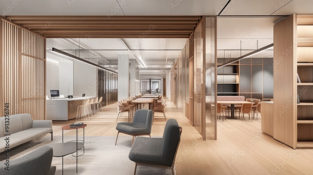 A flexible workspace with movable partitions, cozy breakout areas, and ...