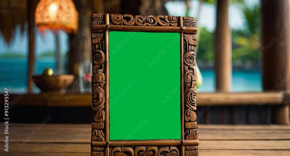 A tiki themed table topper menu sign sits atop a tropical bar in a ...