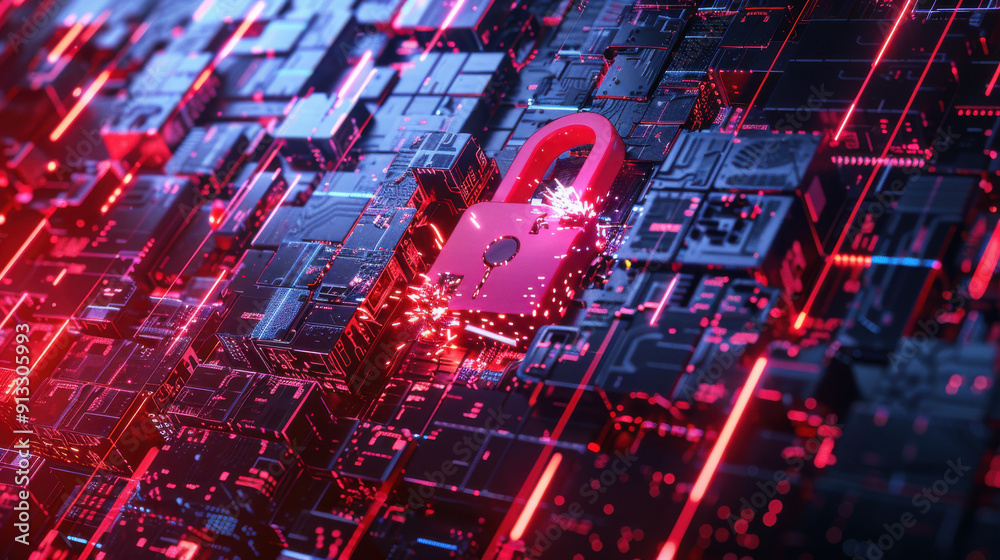 Hacker attack visual featuring a red alert, broken padlock, and signs ...