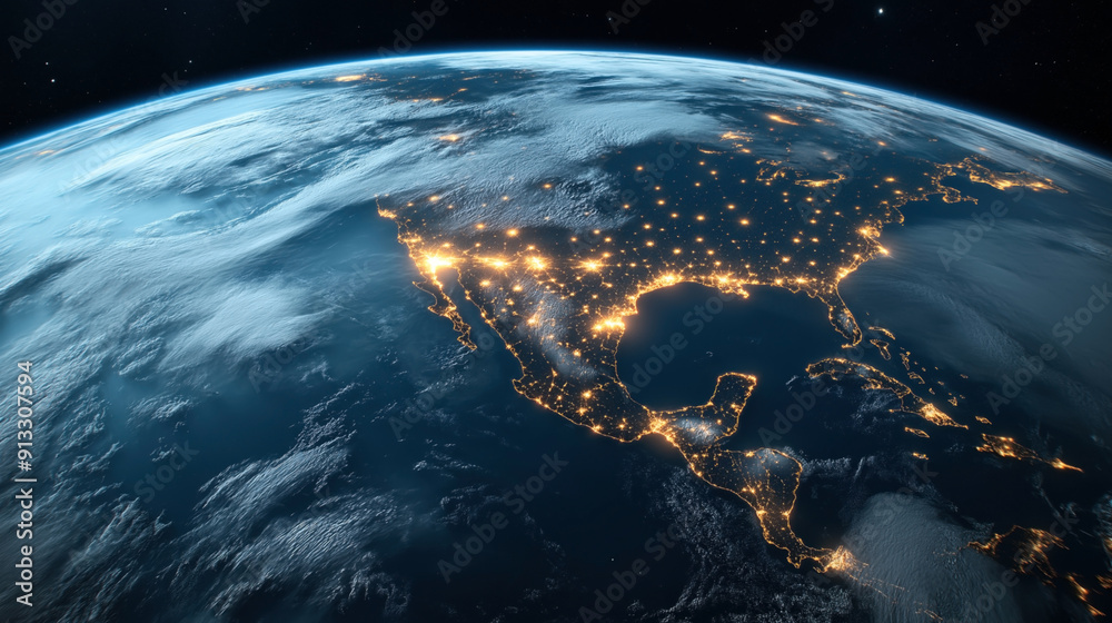 Nighttime satellite view of North America with illuminated city lights ...