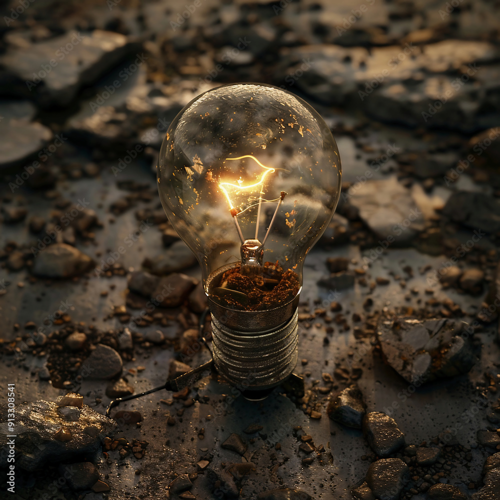 lightbulb dirt stones glow filament illumination electricity ground old ...