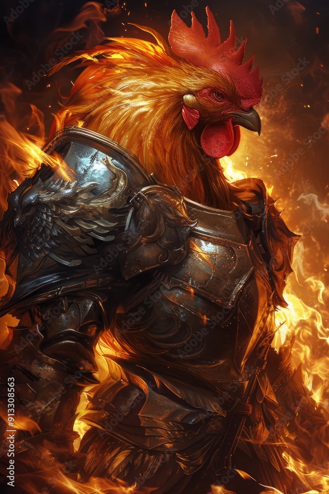 Chicken in fire armor, set for fantasy quests. 🐔🔥⚔️ Bold and ...