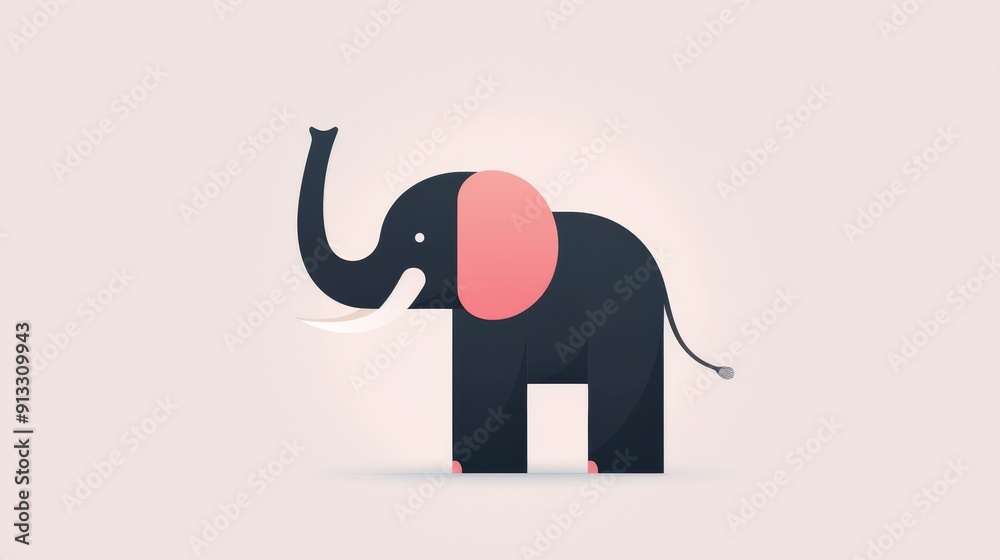 A minimalist 2D vector illustration of an elephant with a raised trunk ...