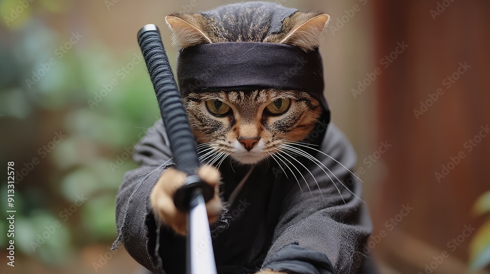Tabby Cat Dressed as a Ninja with Katana Sword, Isolated on White ...