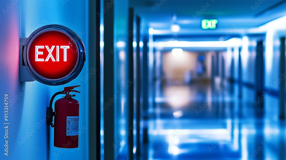 fire alarm and distinguisher, exit sign and fire door, architecture and ...