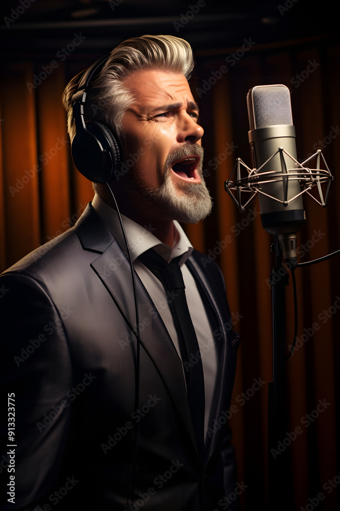 man standing next to microphone singing in the studio, singer studio ...