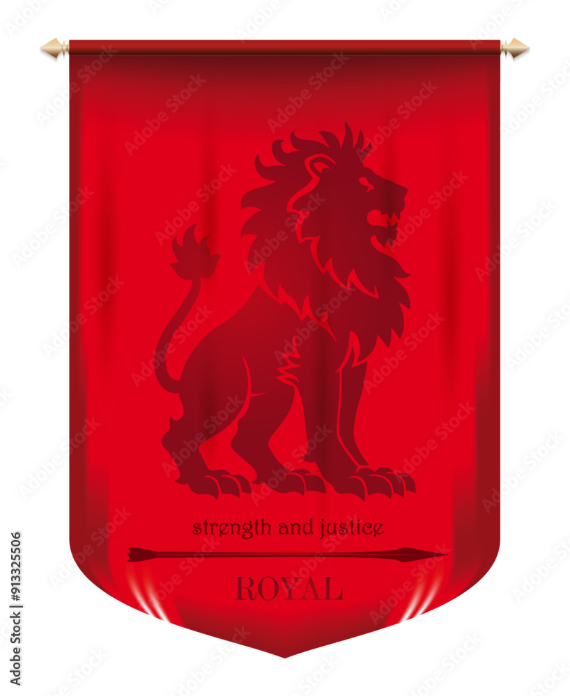 Red pennant, battle flag with the image majestic lion in a seated pose ...