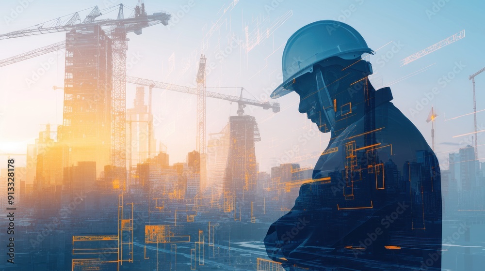 Head of construction worker with digital elements and buildings, fusion ...