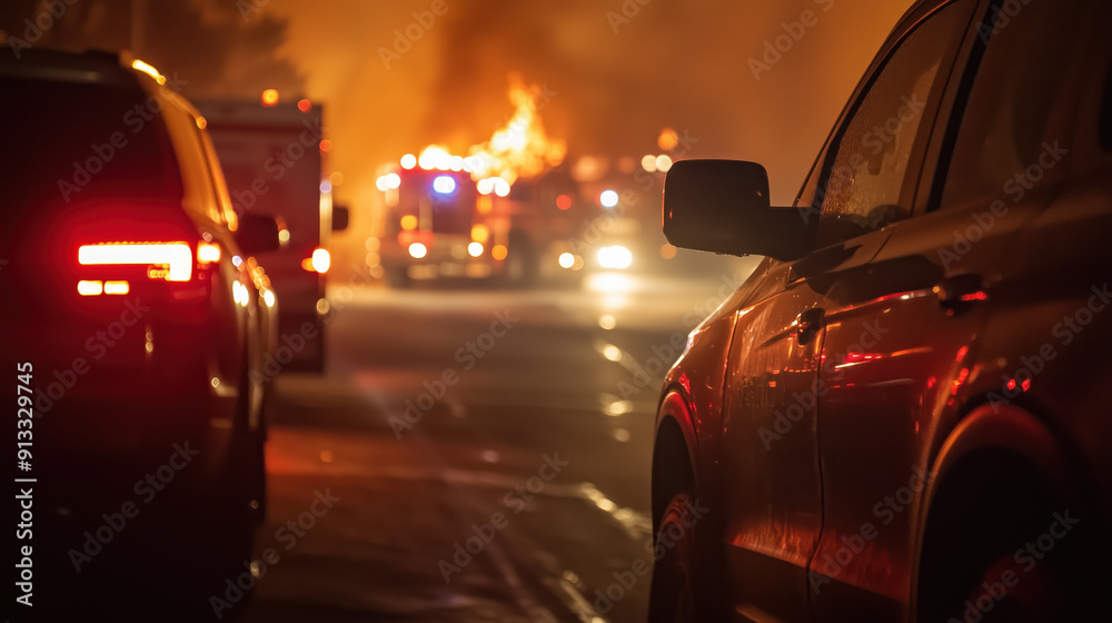Car accident on fire background banner panorama. Burning flames with ...