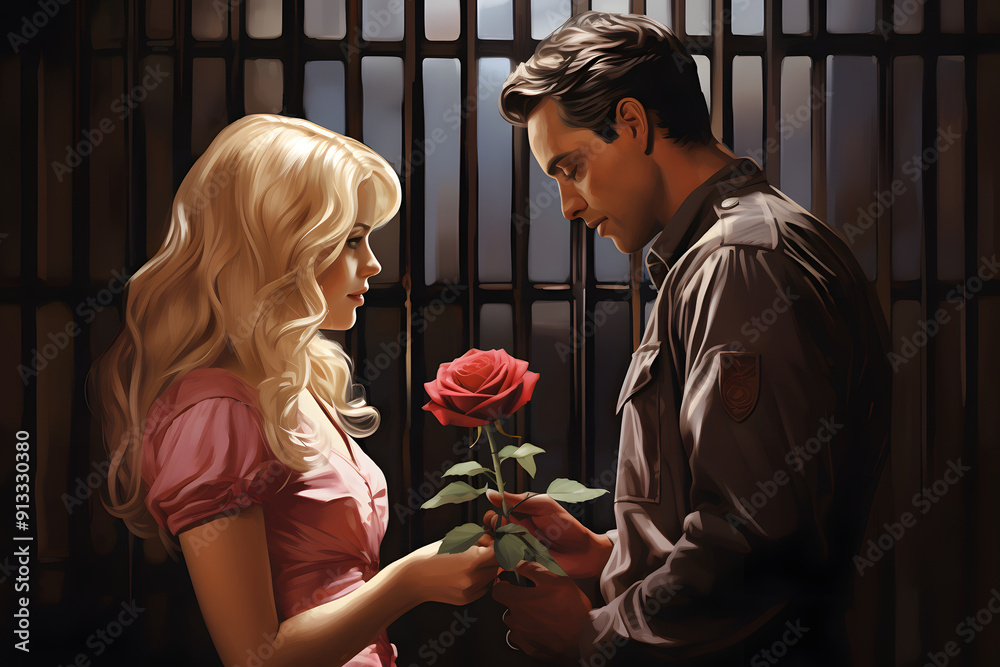 prisoner giving a woman a red rose behind bars, couple in prison ...