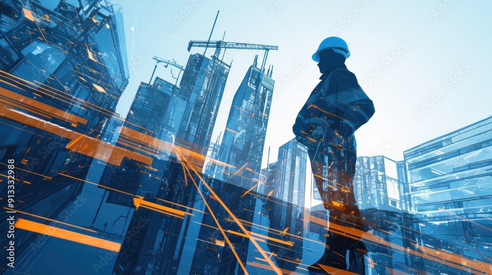 Head of construction worker with digital elements and buildings, fusion ...