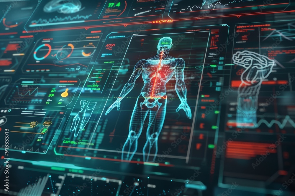 Holographic medical interface showing vital signs and patient data for ...