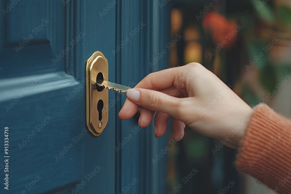 Hand putting a key into a lock. This photo shows a person unlocking a ...