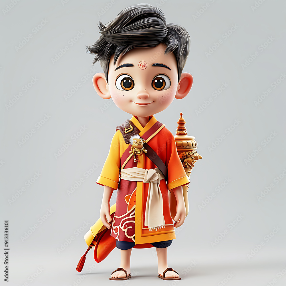 Cheerful Thai teenage boy with captivating eyes and traditional art ...