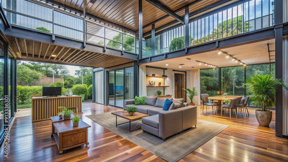 Interior of modern house built with repurposed shipping containers ...