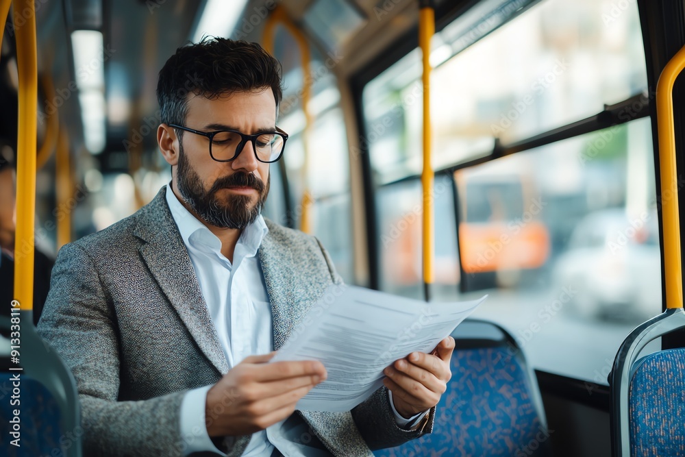 Businessman reading a report while on a commuter bus, Commute to work ...