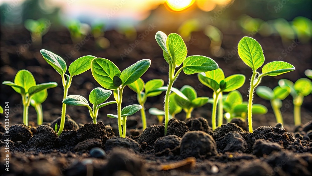 Beautiful soybean sprouts growing in a field of rich black soil ...
