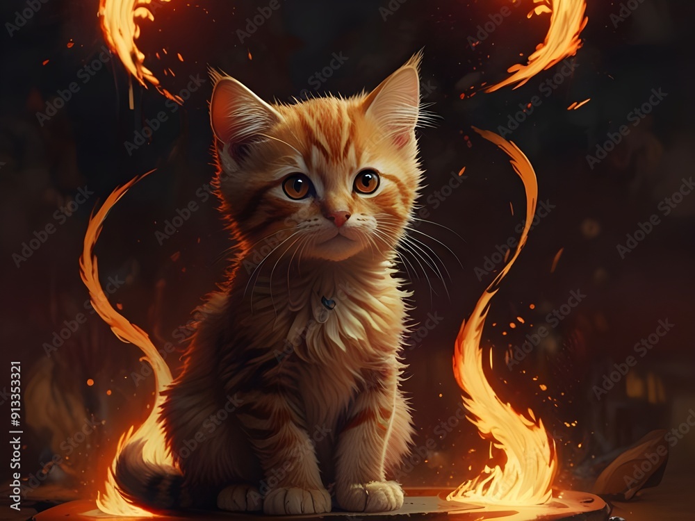 Cute, red, fluffy, fantasy fire kitten, with firey, red eyes, and red ...