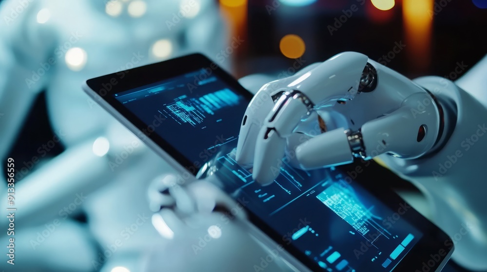 AI, data science, digital technology concept. Computer programmer using digital tablet with AI ...