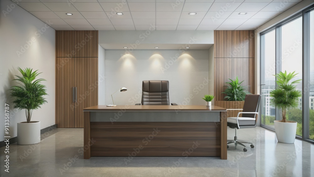 An empty secretary desk and room with waiting area , office, empty ...