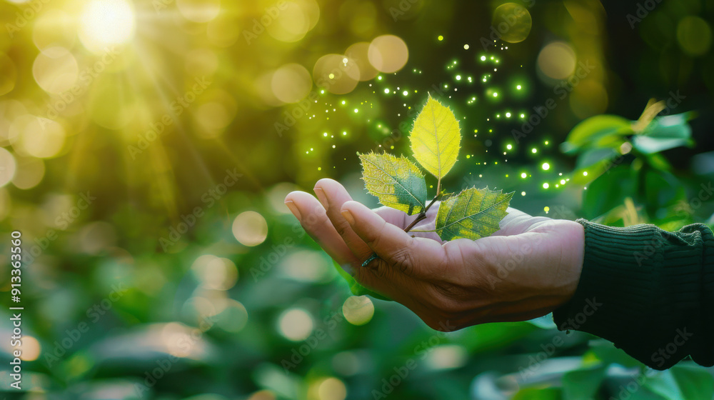 Visualizing carbon footprint concept: Man hand with carbon reduction ...