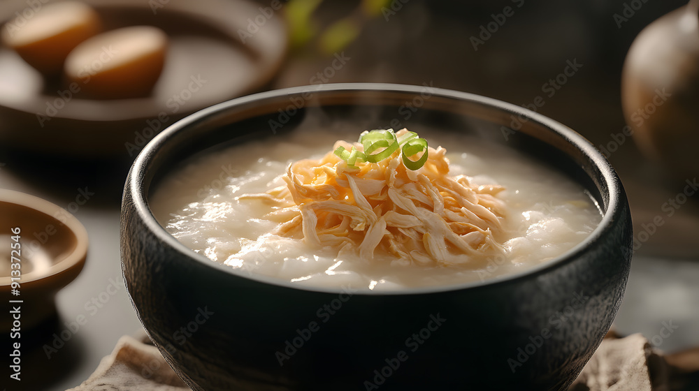 A bowl of congee with shredded chicken, scallions, and fried shallots ...