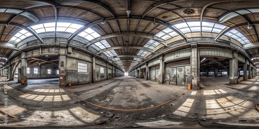 Full 360 degree equirectangular panorama hdri of dark industrial grunge ...