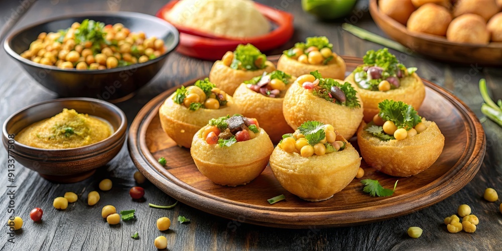 Delicious Indian street food Pani Puri with chickpeas and garnishes ...