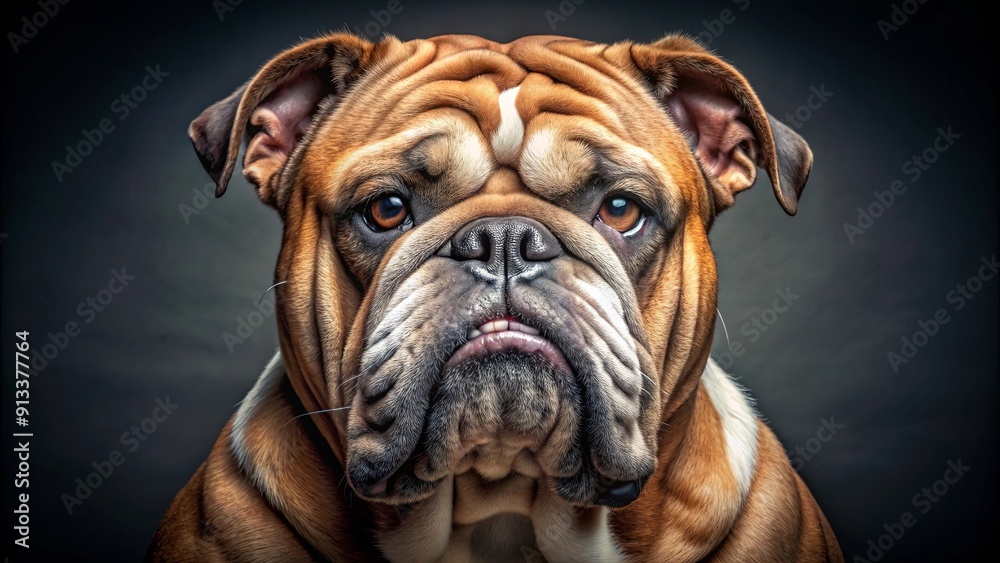 Muscular bulldog with wrinkled face looking stubborn and dominant ...