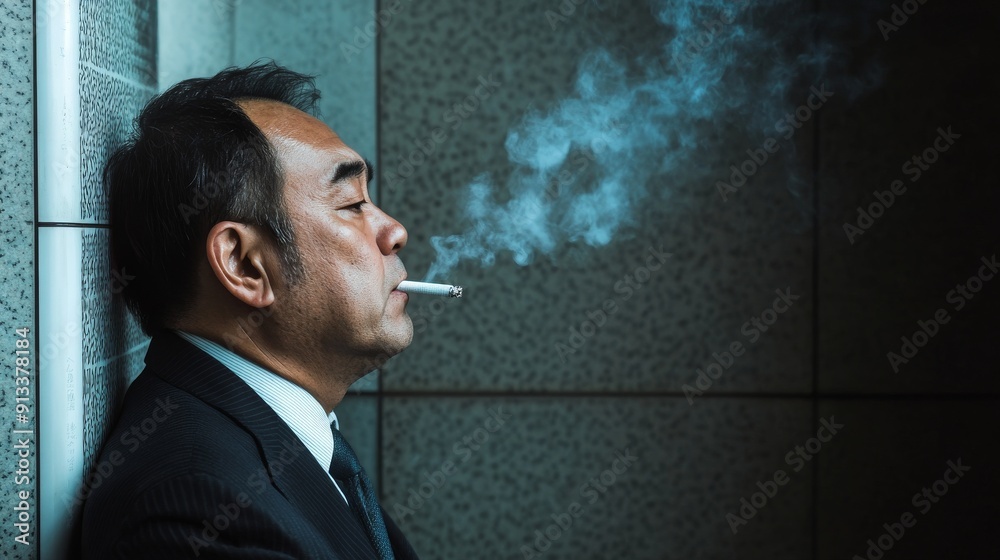 Side view of Asian businessman smoking in designated smoking area. He ...