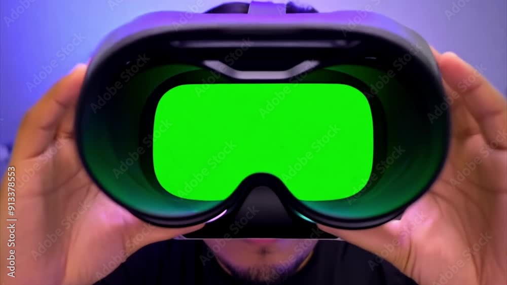 POV Hands reaching out and grabbing a generic VR headset worn by a man ...