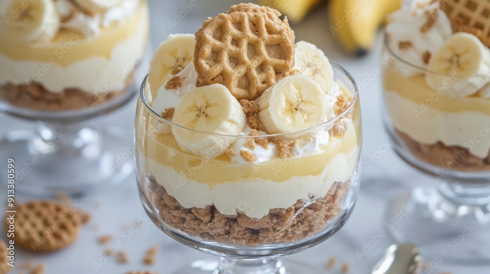 Banana pudding parfait served in mini trifle bowls with wafer cookies ...