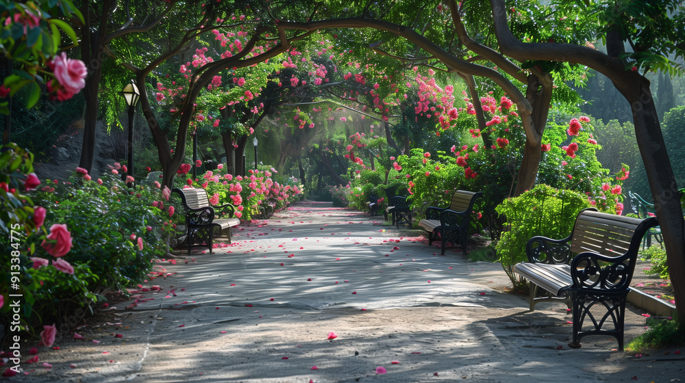 Rose Garden Pathway: A pathway lined with blooming rose bushes and ...