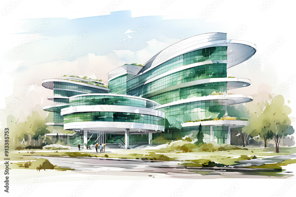 anamorphic Modern corporate building architecture sketch design, green ...