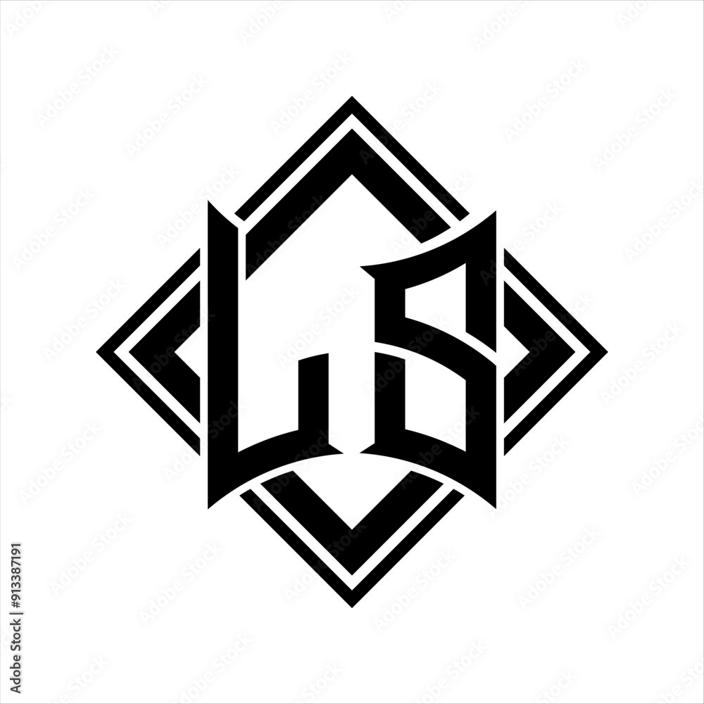 LS Letter logo with abstract shield shape with square black outline on ...