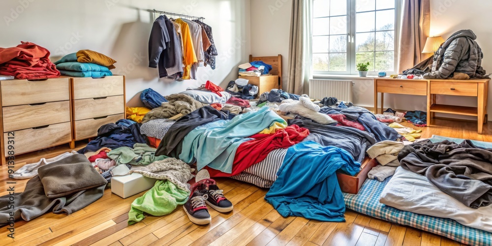 Disorganized bedroom with a messy pile of clothes on the floor, clutter ...