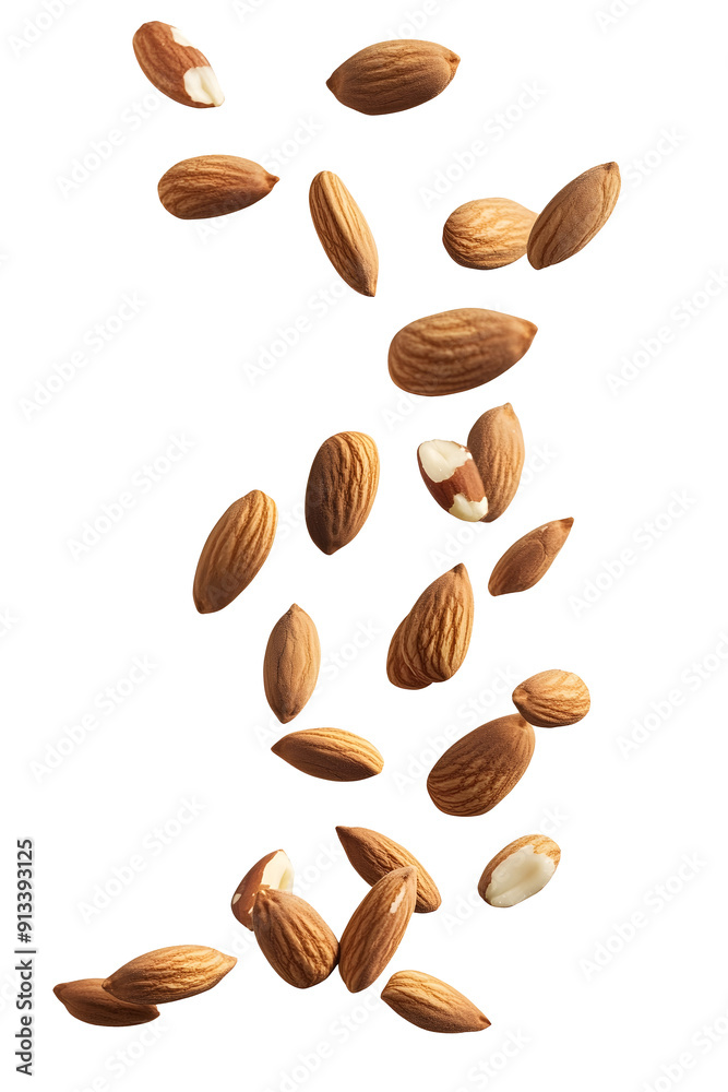 Cutout of almonds falling in mid-air, isolated on a transparent ...