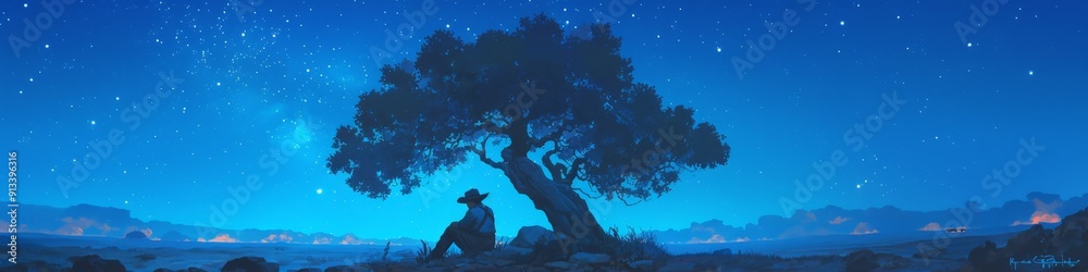 Solitary Cowboy Under Starlit Tree: Anime-Inspired Western Night Scene ...