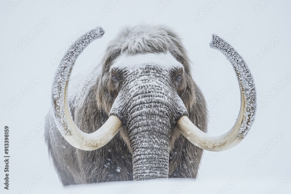 Portrait of a woolly mammoth standing in a snowy landscape, its thick ...