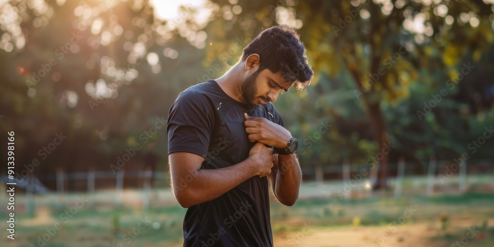Indian man with chest pain while running, holding chest, shortness of ...