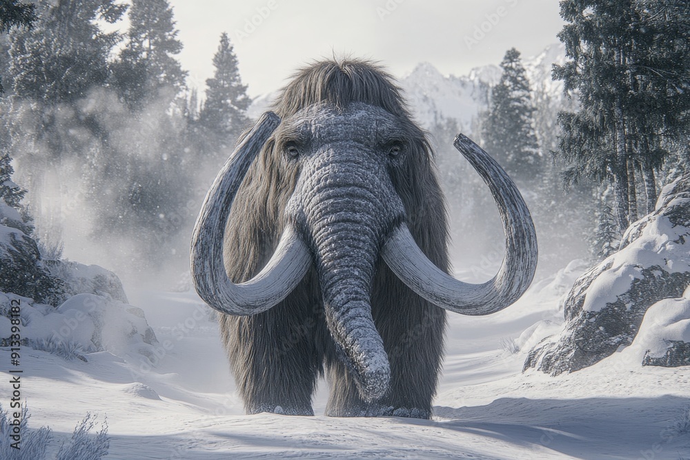Portrait of a woolly mammoth standing in a snowy landscape, its thick ...