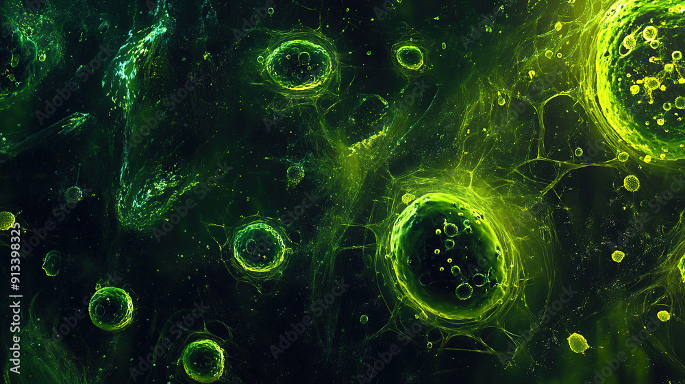 Close up of green and glowing microscopic cells with dark background ...
