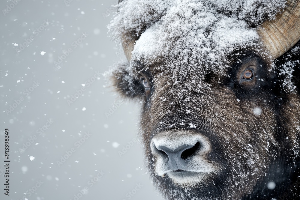 Portrait of a musk ox in the snow, its dense fur providing insulation ...
