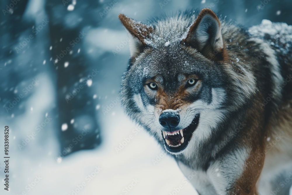 Portrait of a dire wolf standing alert in the snowy forest, with sharp ...