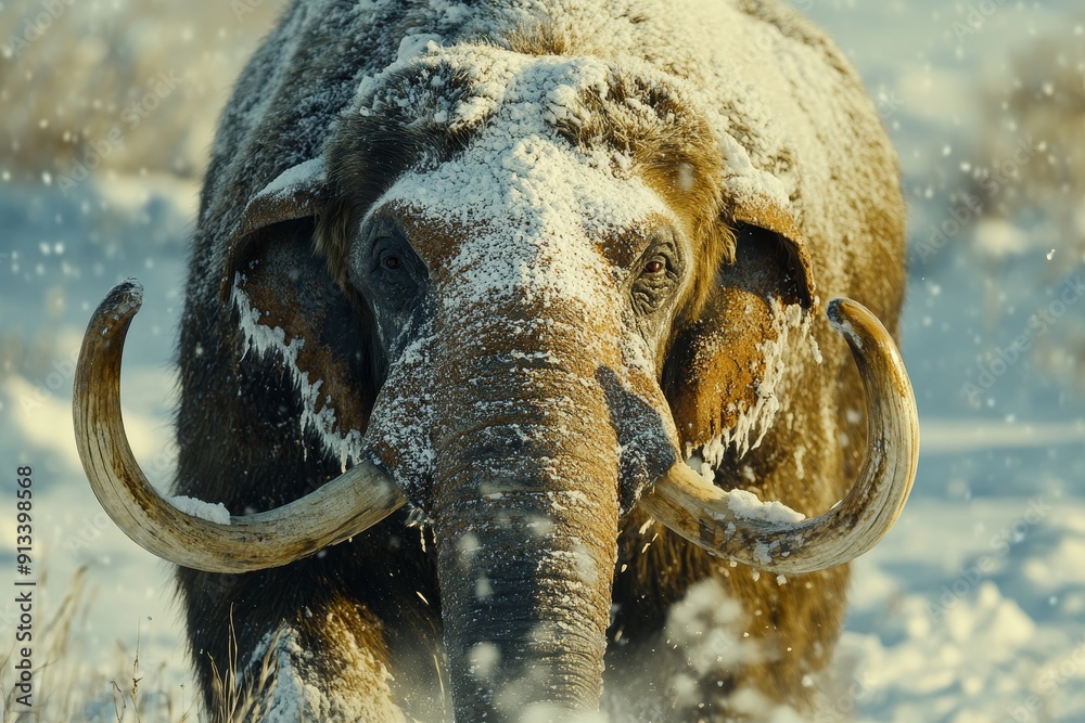 Portrait of a mastodon walking through the snowy plains, its long tusks ...