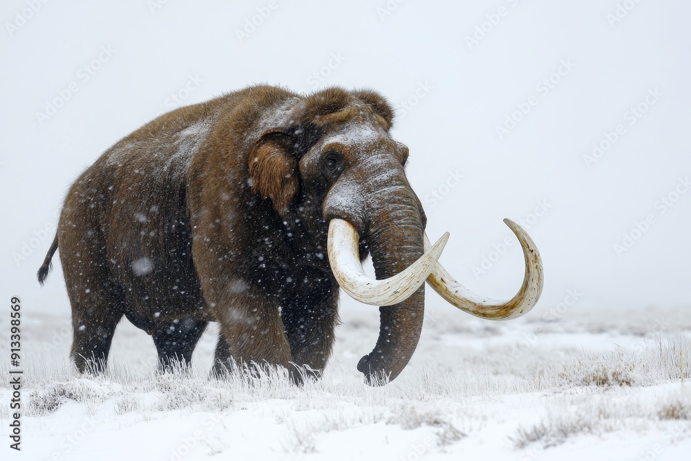 Portrait of a mastodon walking through the snowy plains, its long tusks ...