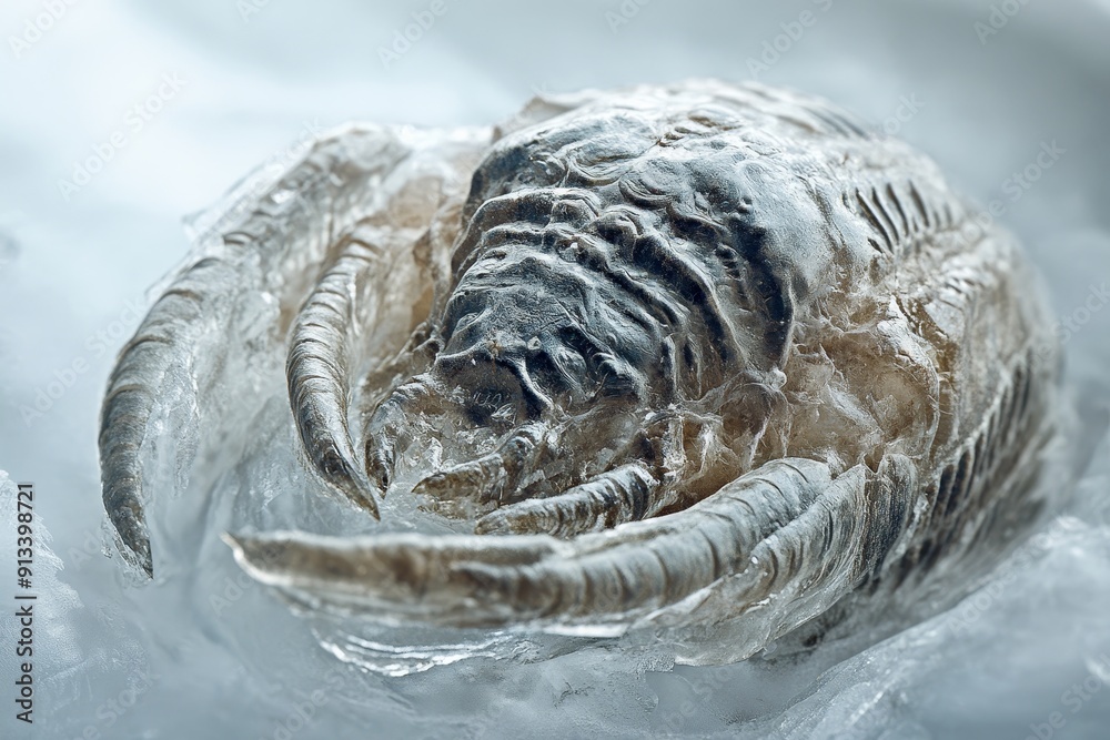 Portrait of a trilobite fossil embedded in ice, showcasing its ancient ...