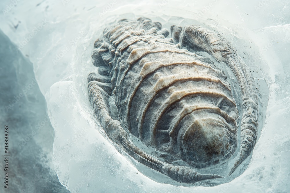 Portrait of a trilobite fossil embedded in ice, showcasing its ancient ...